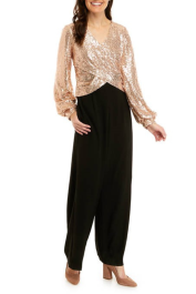 52Seven Sequin Overlay Blouse Wide Leg Evening Jumpsuit