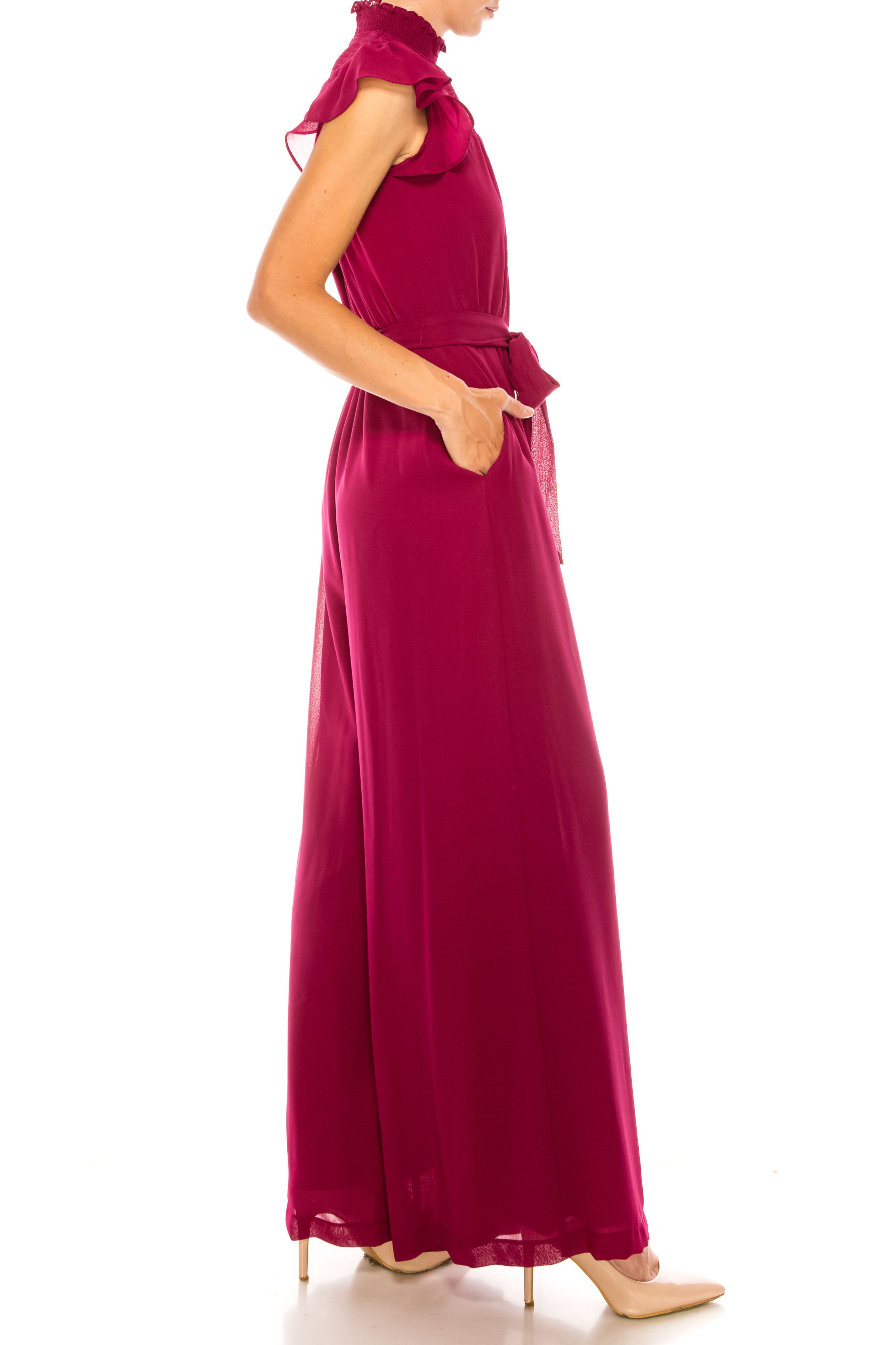 Maison Tara Cranberry Mock Neck Ruffle Cap Sleeve Wide Leg Belted Jumpsuit