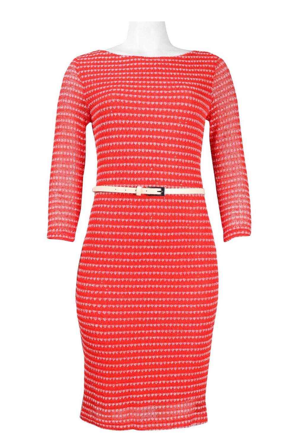 Sharagano 3/4 Sleeve Boat Neck Rayon Knit Knee Length Dress with Belt