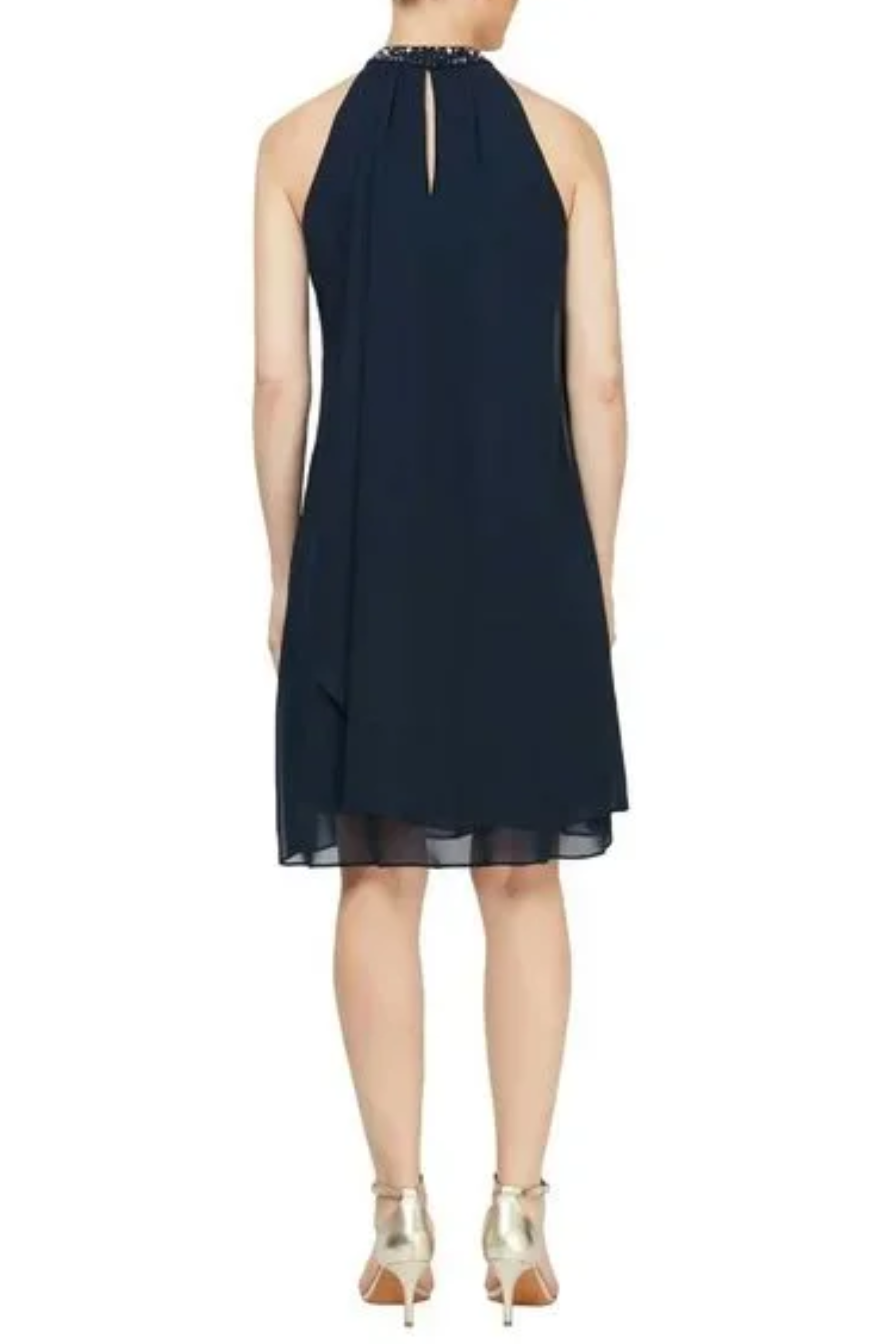 SLNY Beaded High Neck Short Evening Dress