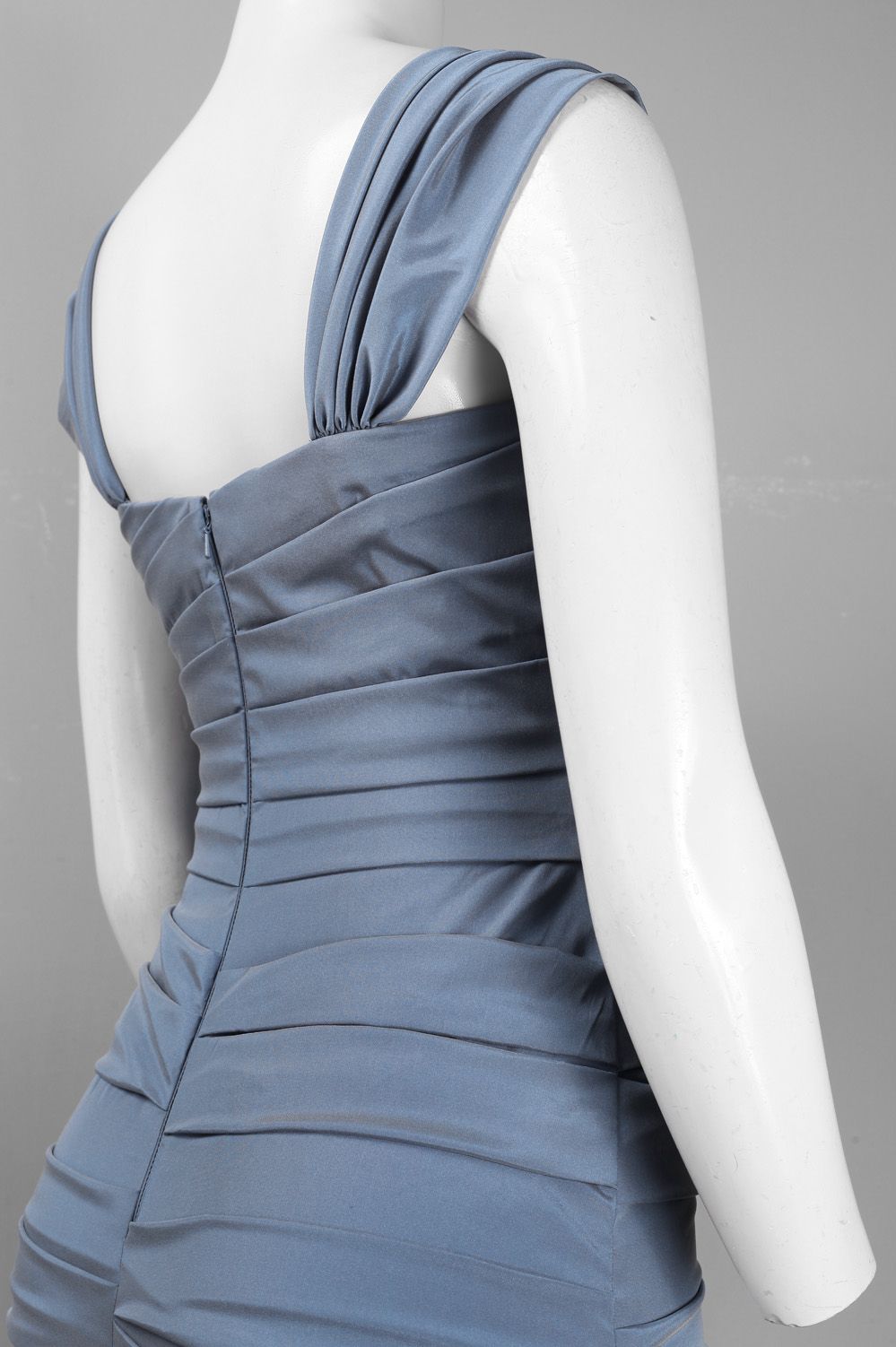Theia Wide Strap Ruched Bodice Asymmetrical Mermaid Cut Stretch Tafetta ...