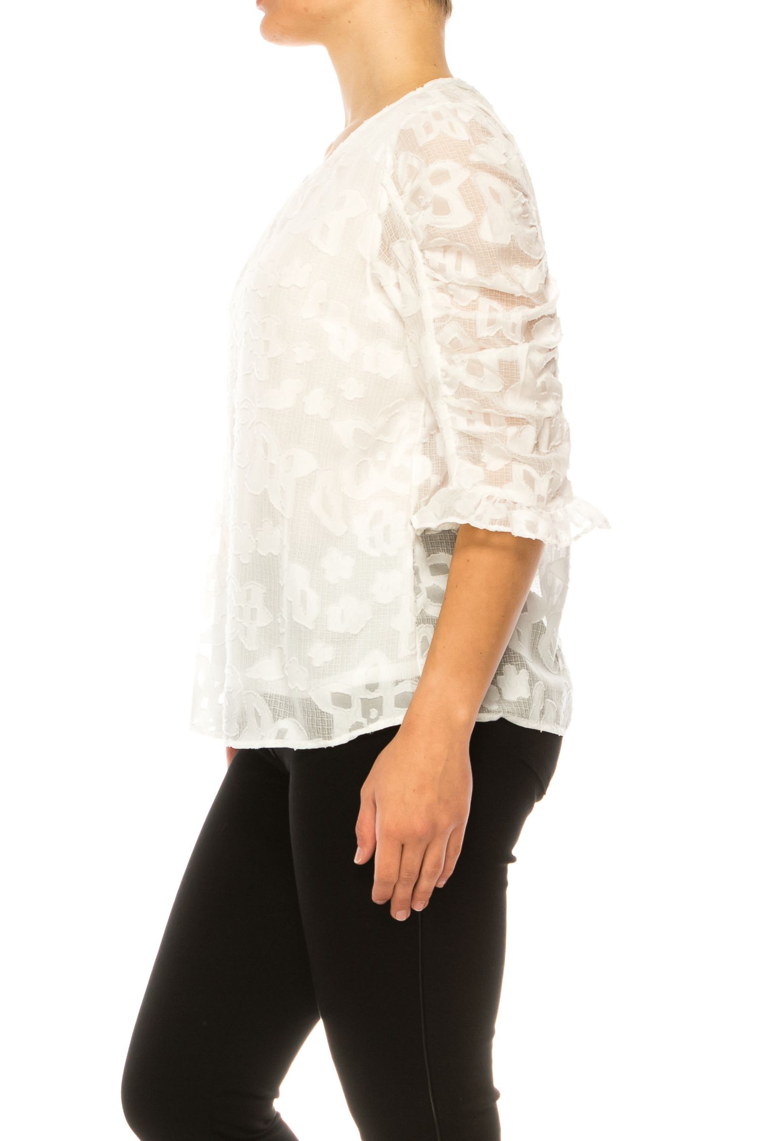 Zac & Rachel Floral Overlay Ruched Sleeve Top