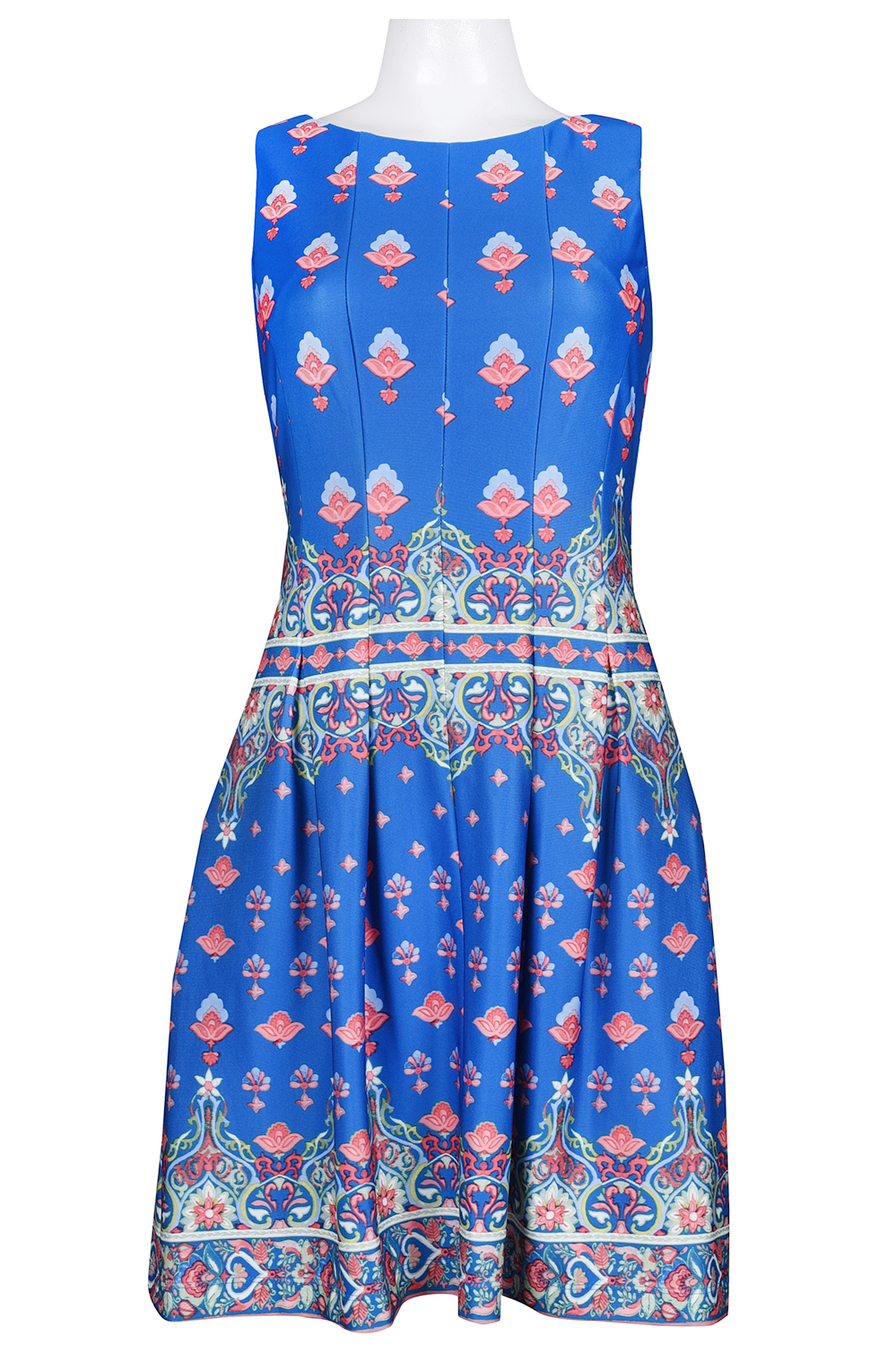 Gabby Style Boat Neckline Mixed Print Jersey Pleated Dress