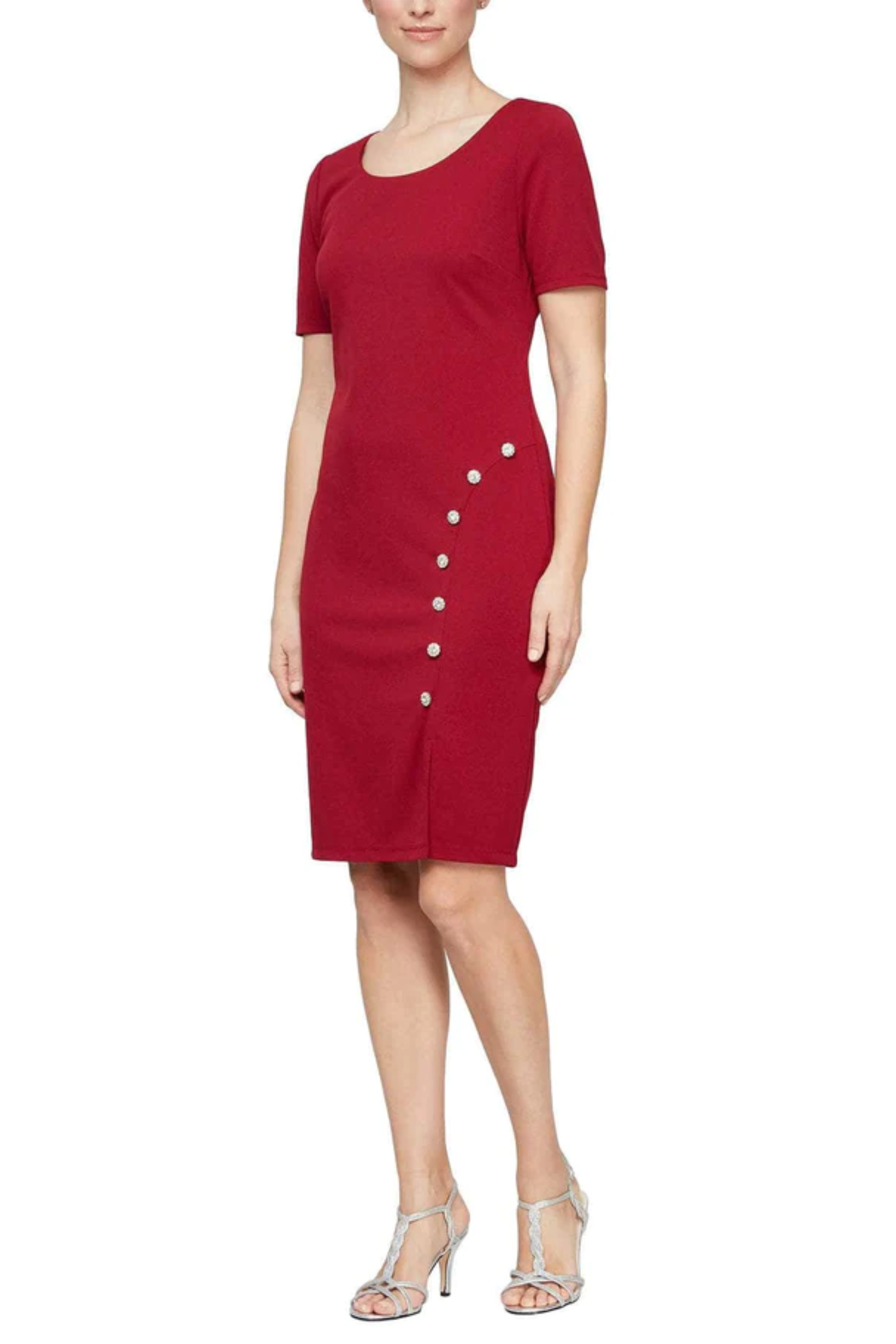 SLNY Rhinstone Button Short Sleeve Sheath Dress