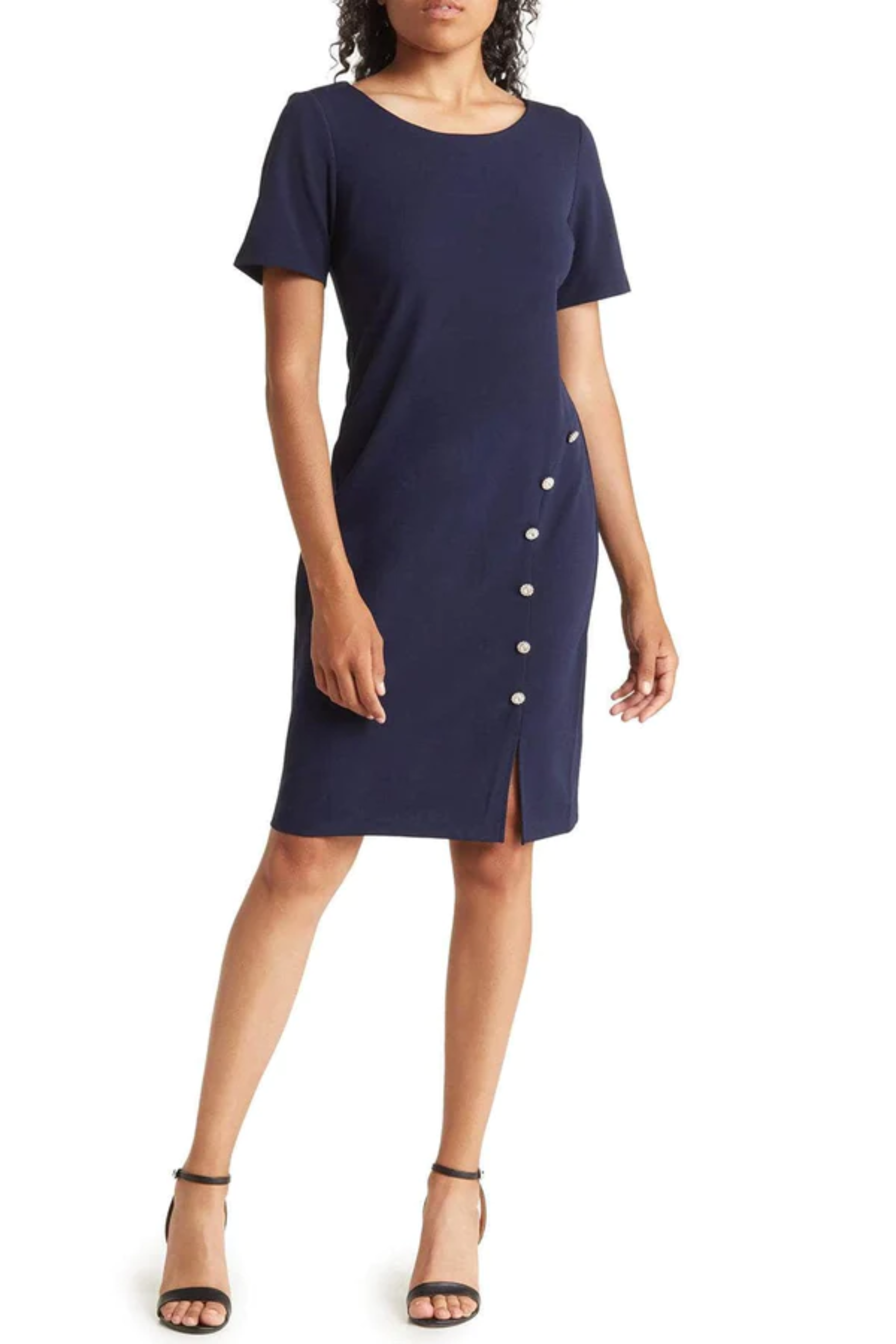 SLNY Rhinstone Button Short Sleeve Sheath Dress