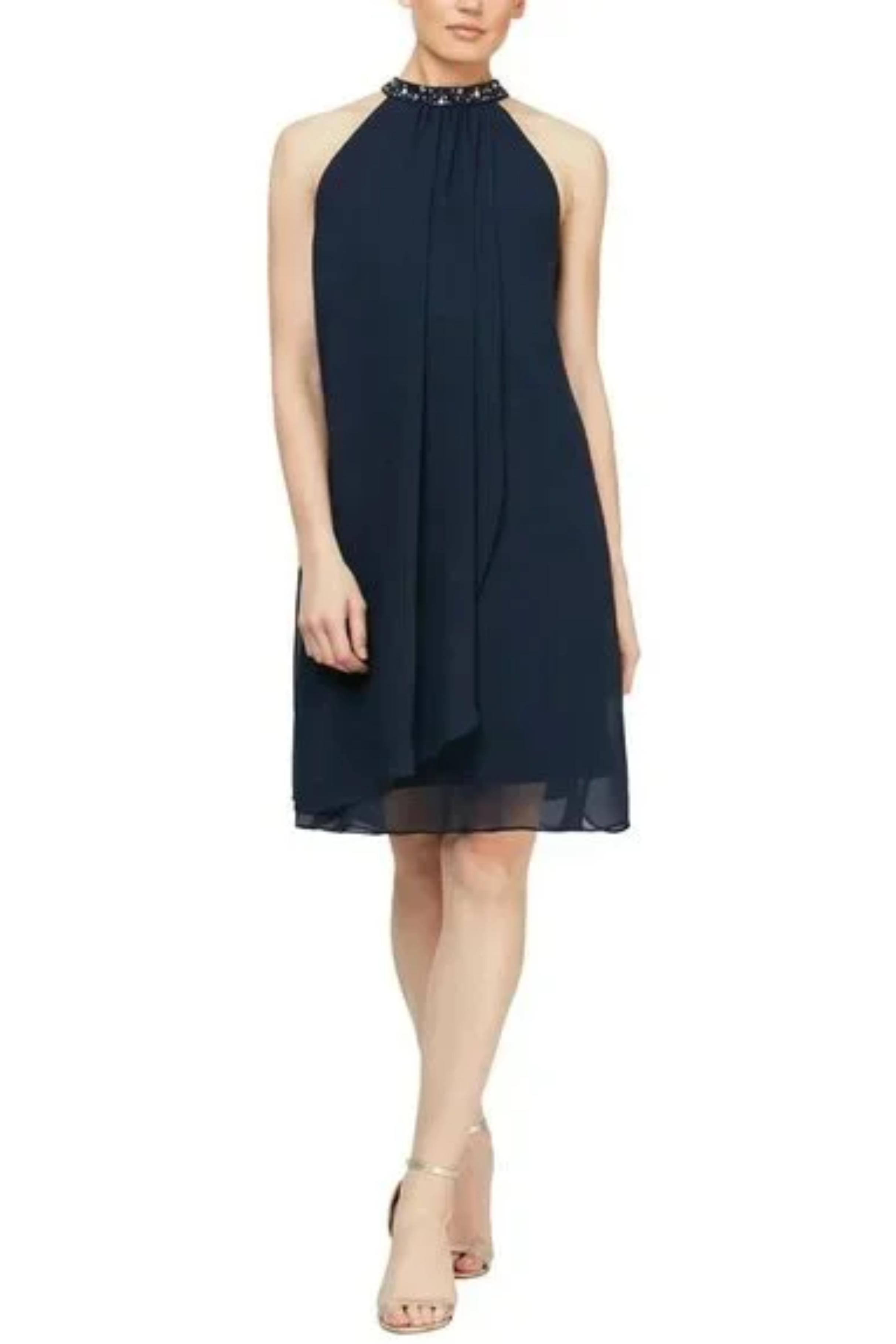 SLNY Beaded High Neck Short Evening Dress