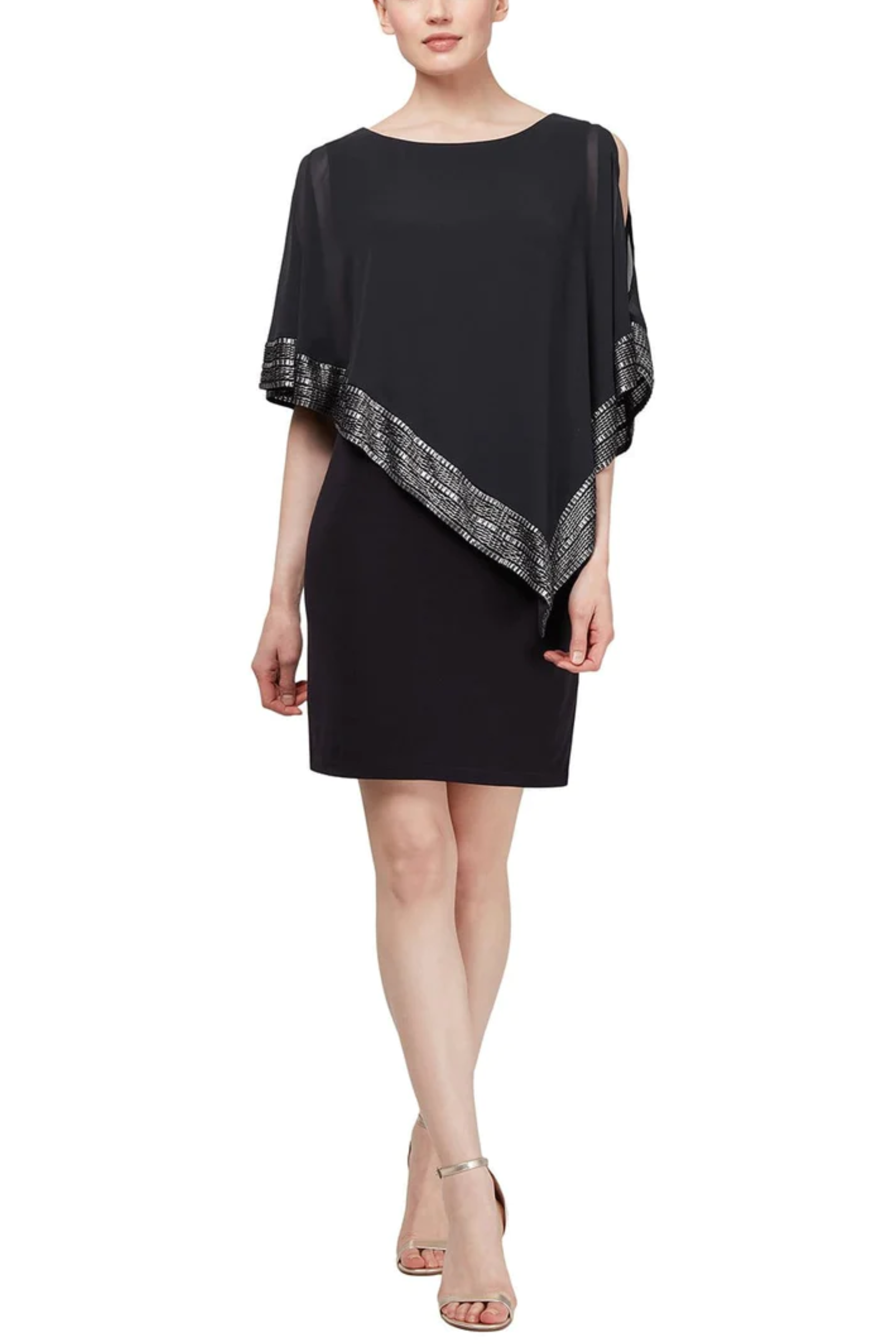 SLNY Attached Chiffon Cutout Cape Overlay Short Evening Dress